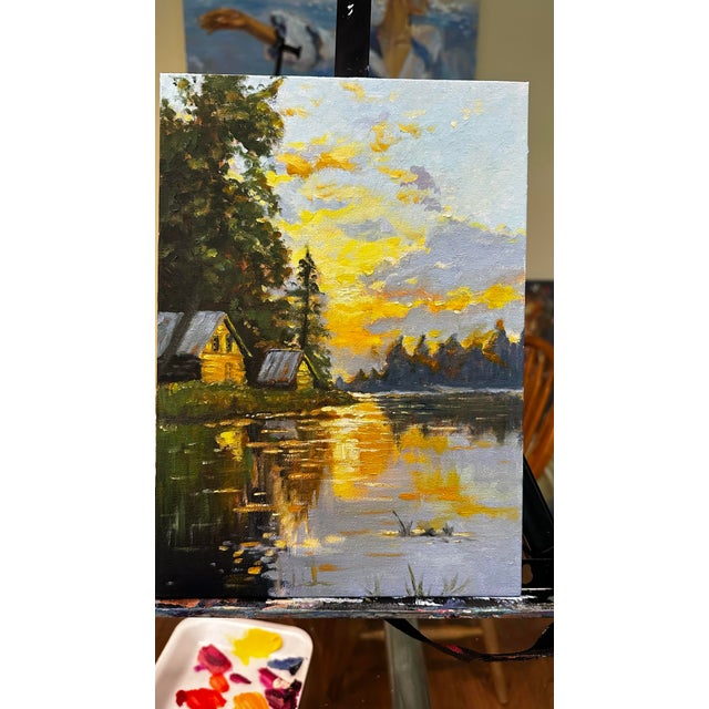 “Golden Hour by the Lake” – Original Framed Impressionist Landscape ...