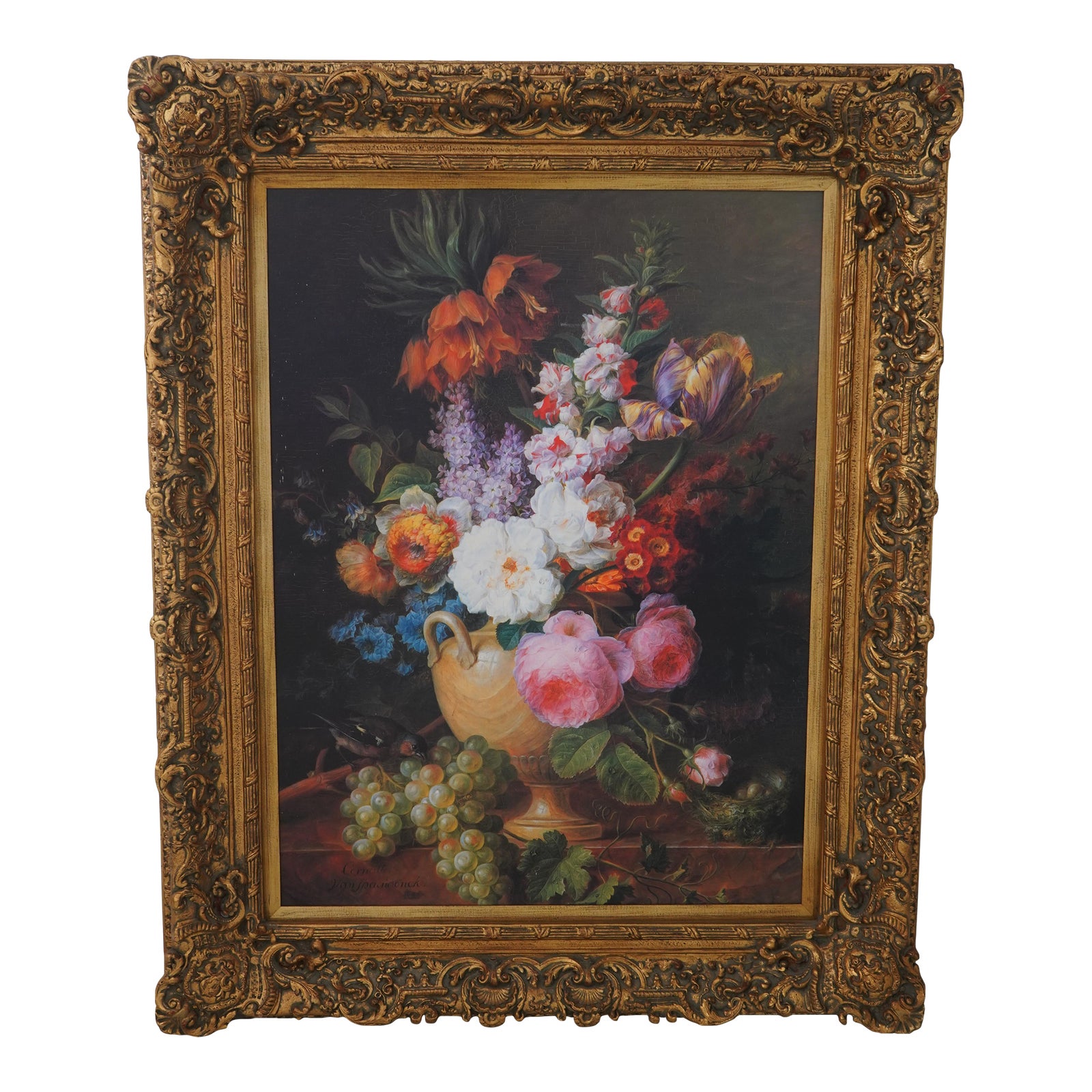Large Framed Painted Floral Still Life on Canvas | Chairish
