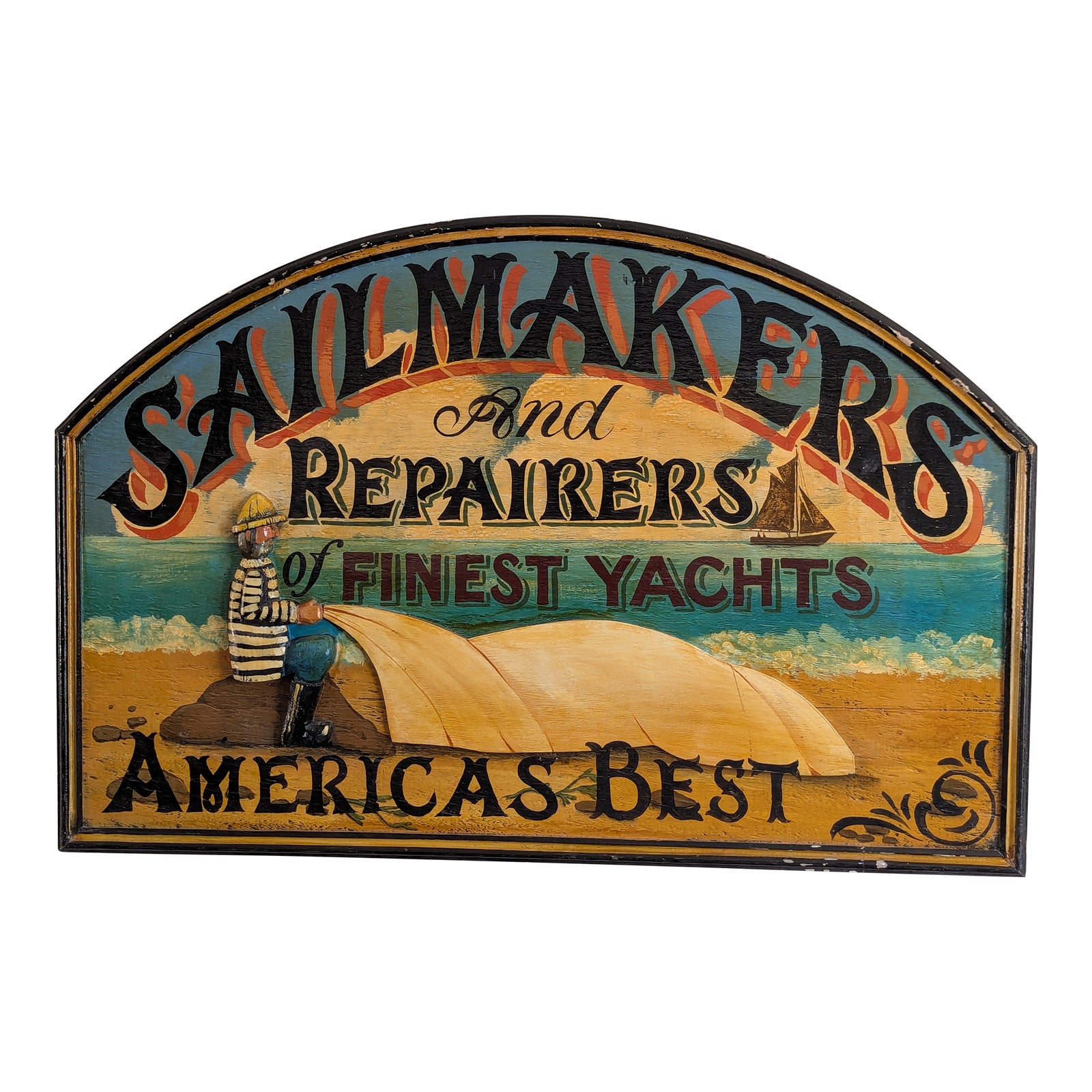 Vintage Large Hand Carved Wood Painted Nautical Sign | Chairish