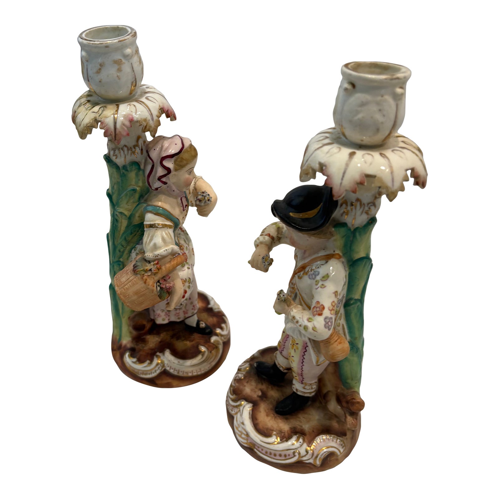 Pair Antique Meissen Figural Candlesticks | Chairish
