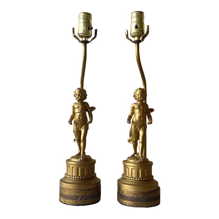 French Gilt Cherub Figural Torch Table Lamps - a Pair | Chairish