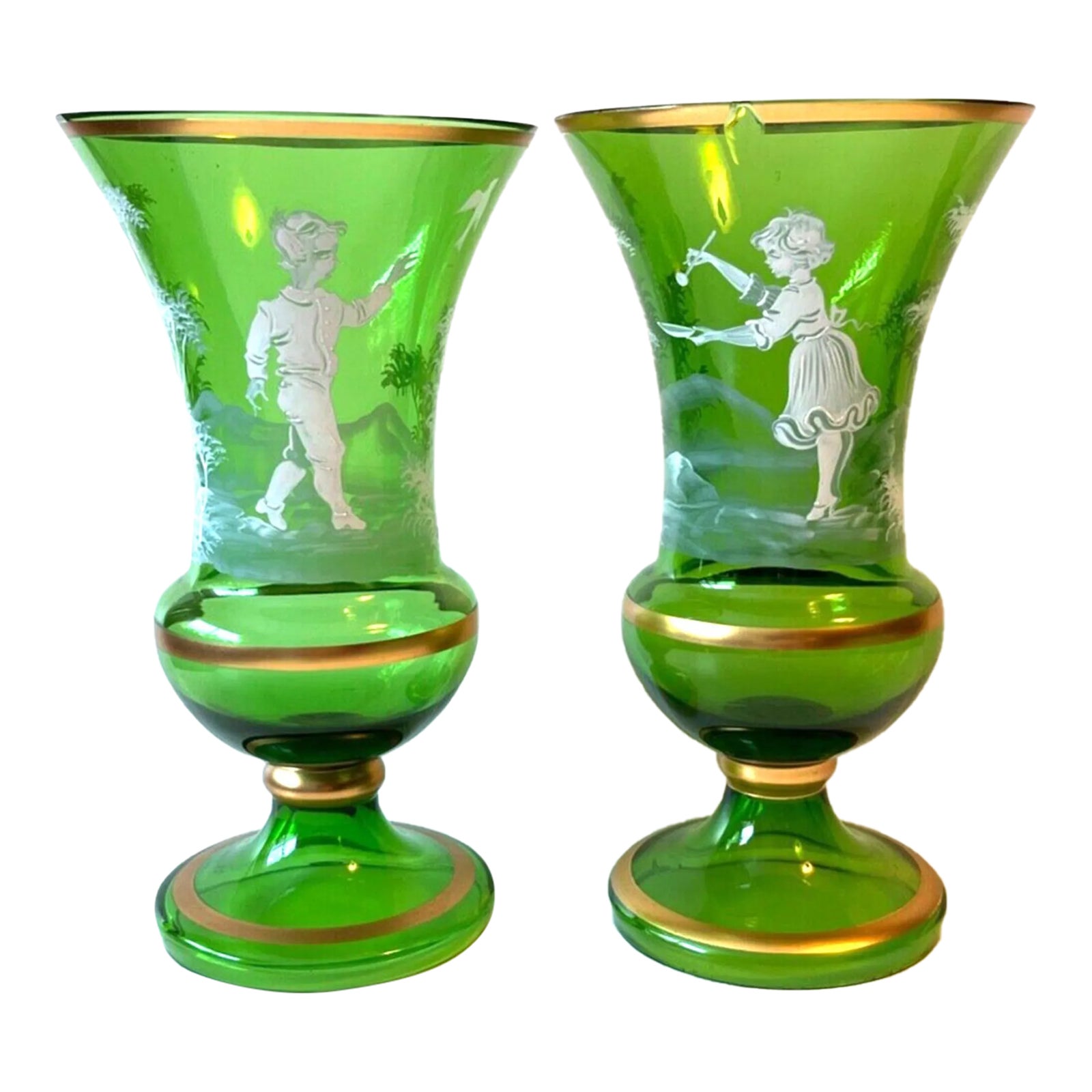 Antique Mary Gregory Green + Gold Vases Girl & Boy - Set of 2 | Chairish