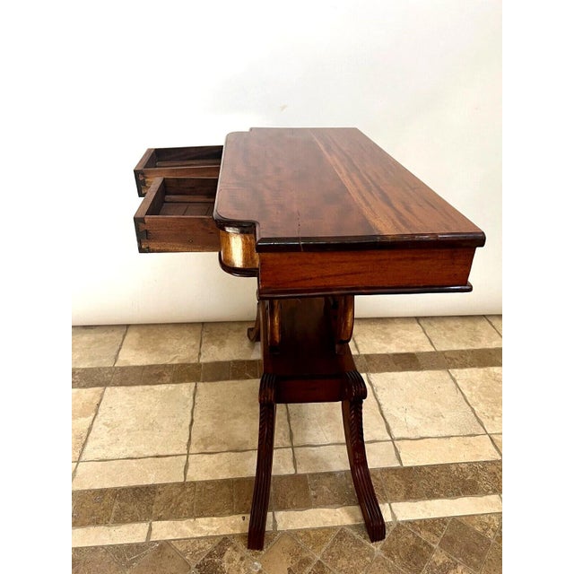 1970s Vintage Sofa Console Table Double Lyre Pedestal Two Drawers Small ...