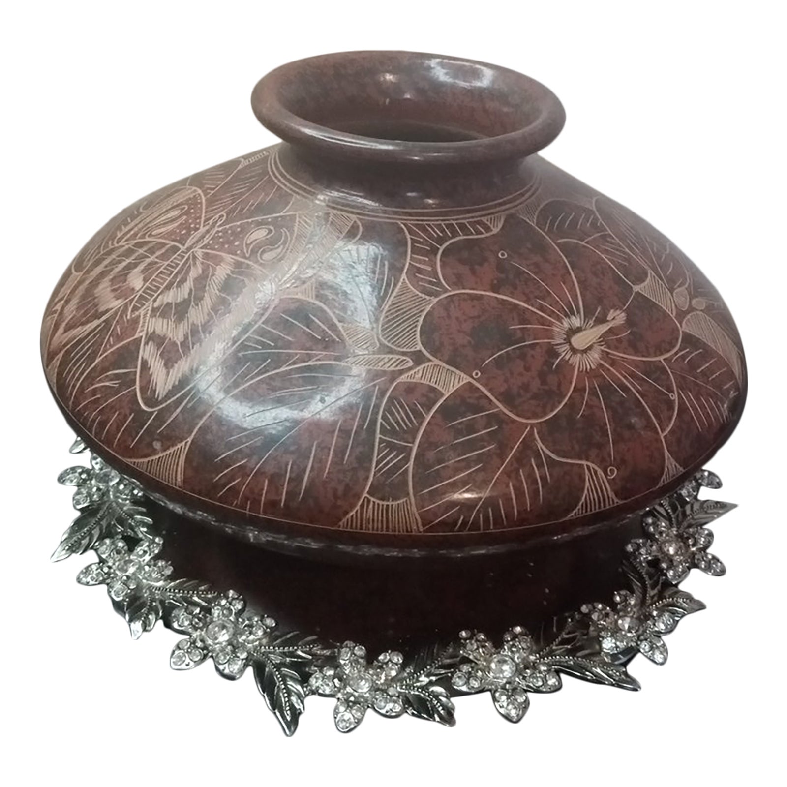1970s Signed Gutierrez Sgraffito Terracotta Squat Vase, Made in ...