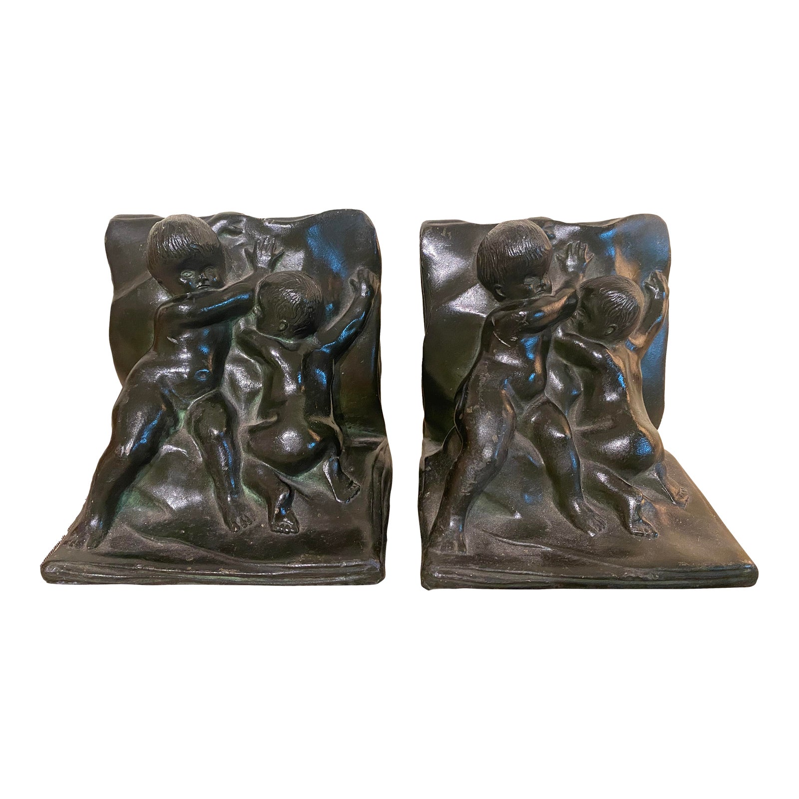 Antique Patinated Bronze Cast Bronze Bookends With Children Holding a ...