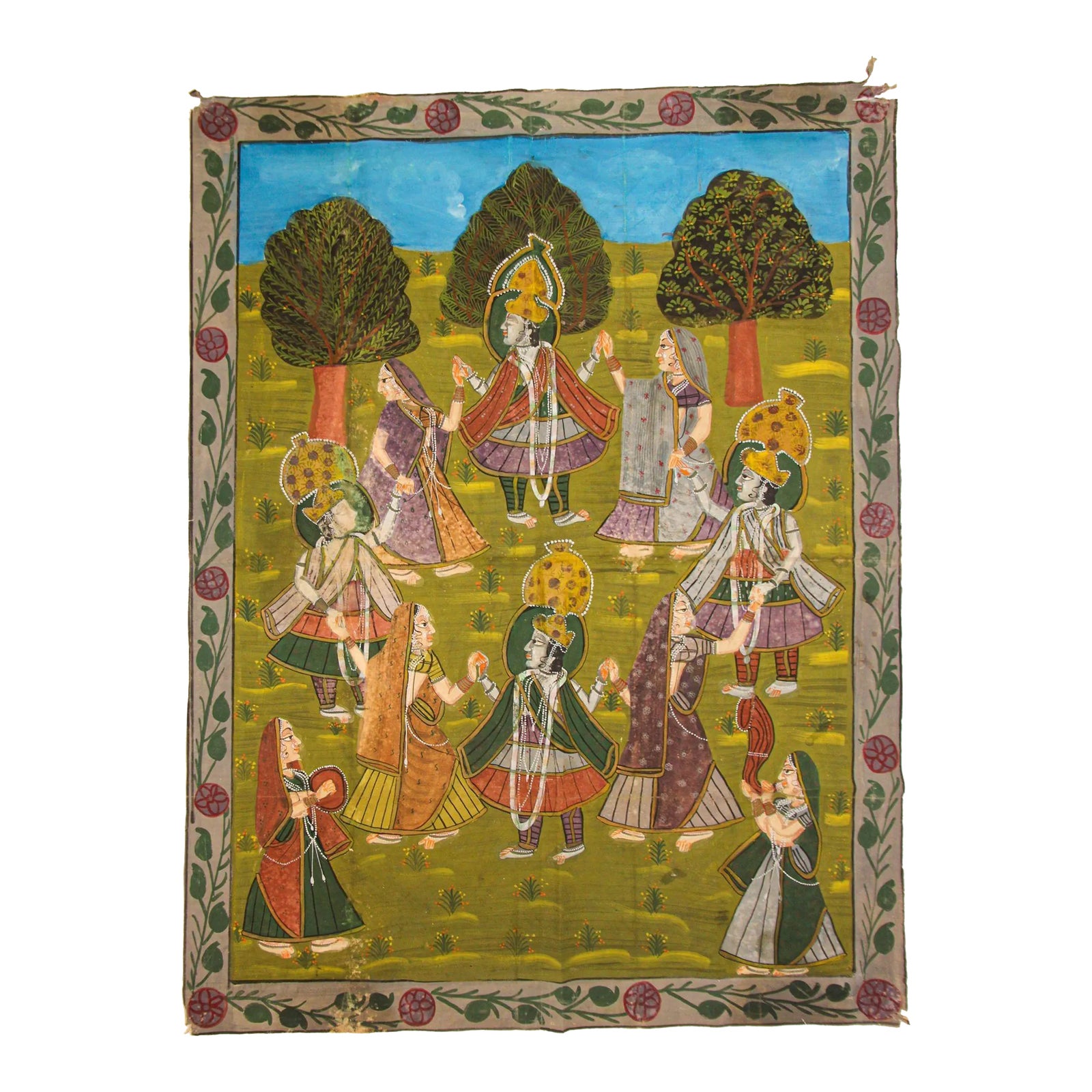Vintage Pichhavai Painting of Krishna With Female Gopis Dancing | Chairish