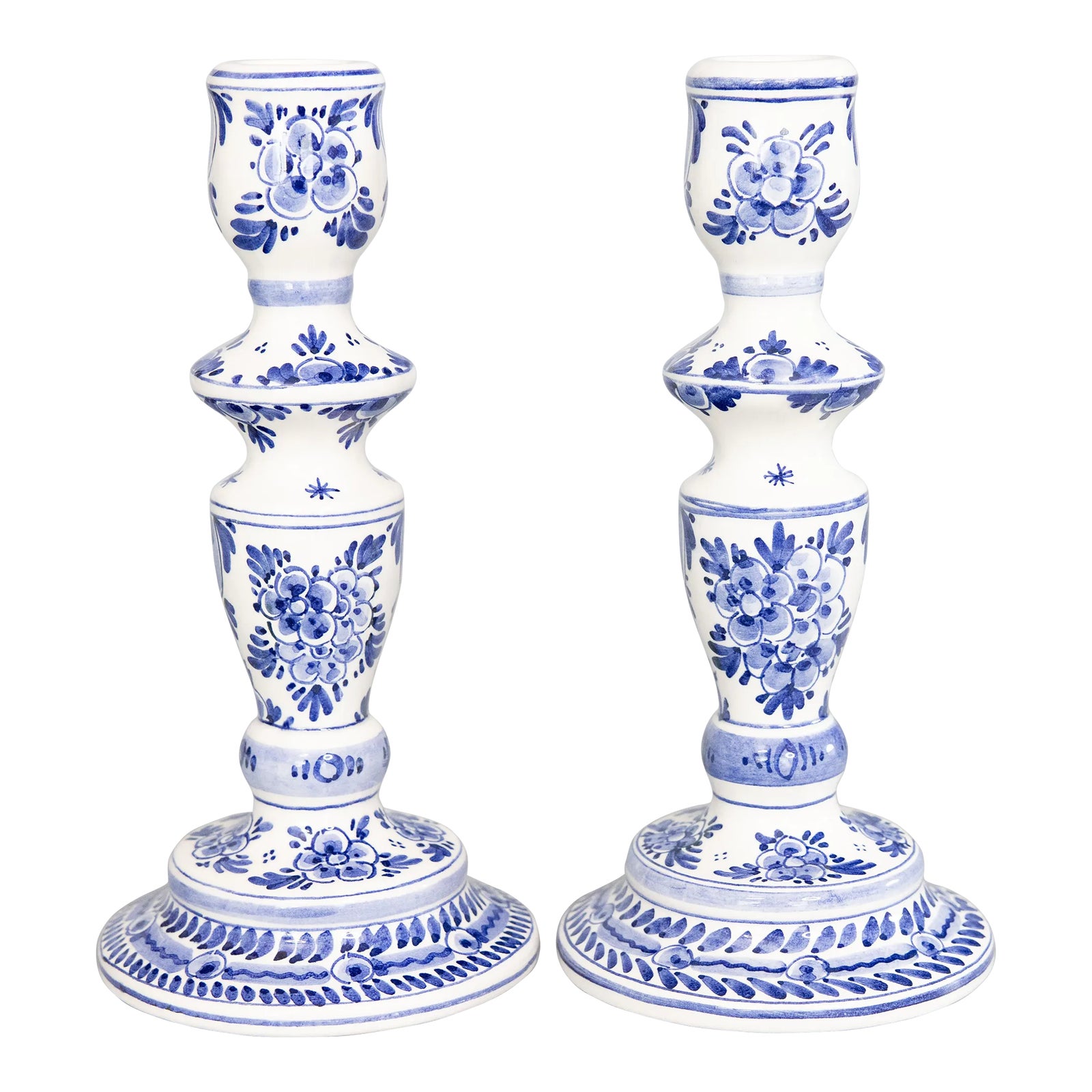 Vintage Dutch Delft Faience Floral Candlesticks - a Pair | Chairish