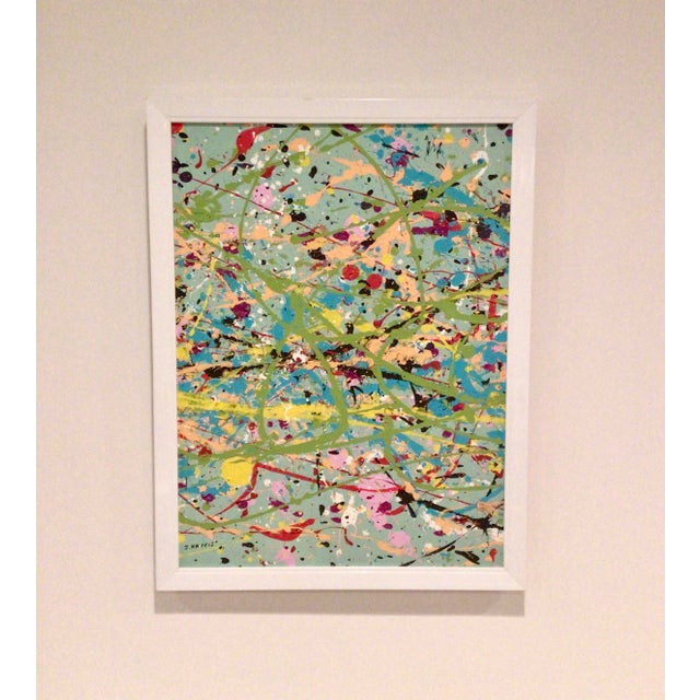 J. Harris Original Drip Paint on Canvas “Abstract on Blue: Part I Green ...