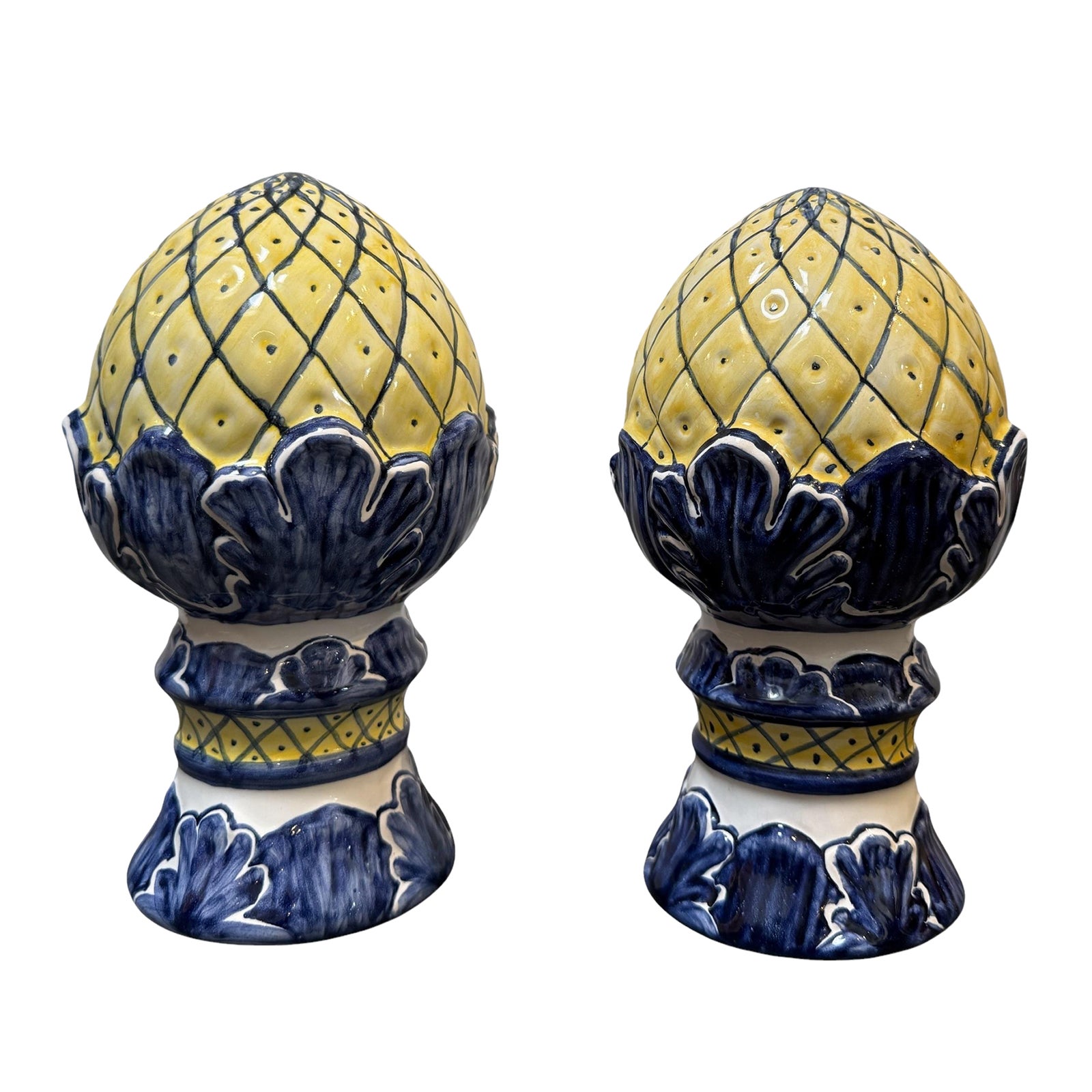 Vintage Majolica Pottery Blue & Yellow Decorative Finials - A Pair ...