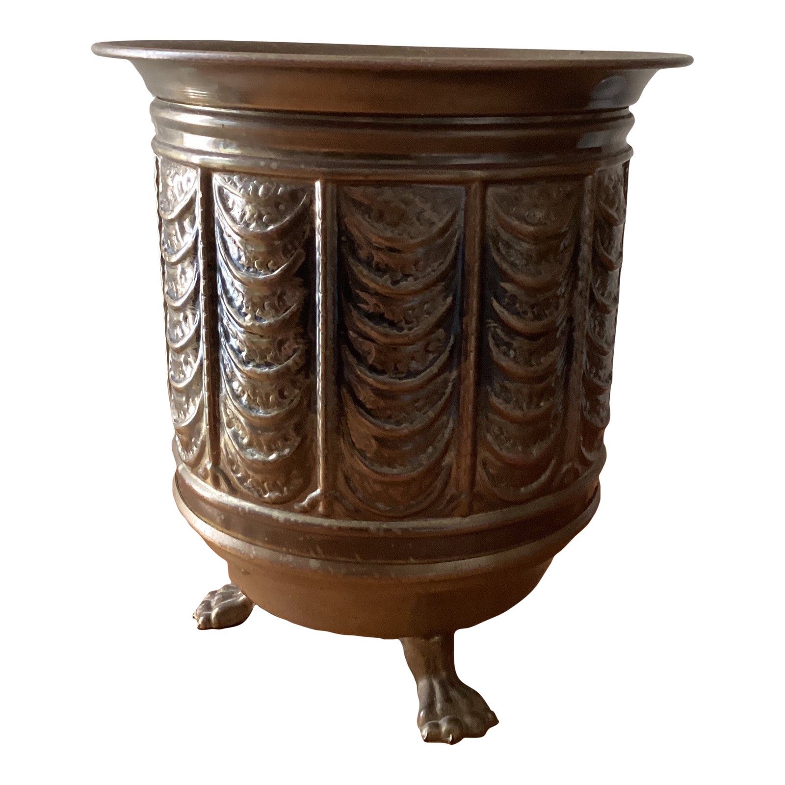 1950s Vintage English Repousse Brass Footed Cachepot Planter | Chairish
