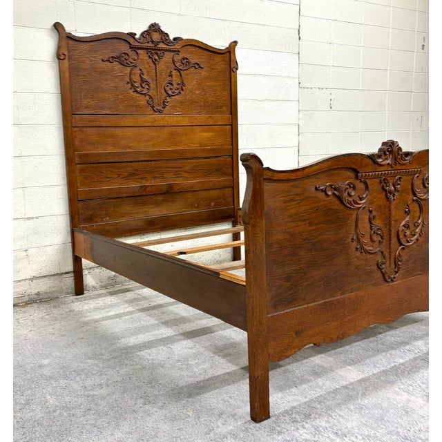 Antique Late Victorian Carved Quarter Sawn Tiger Oak Full Size High ...