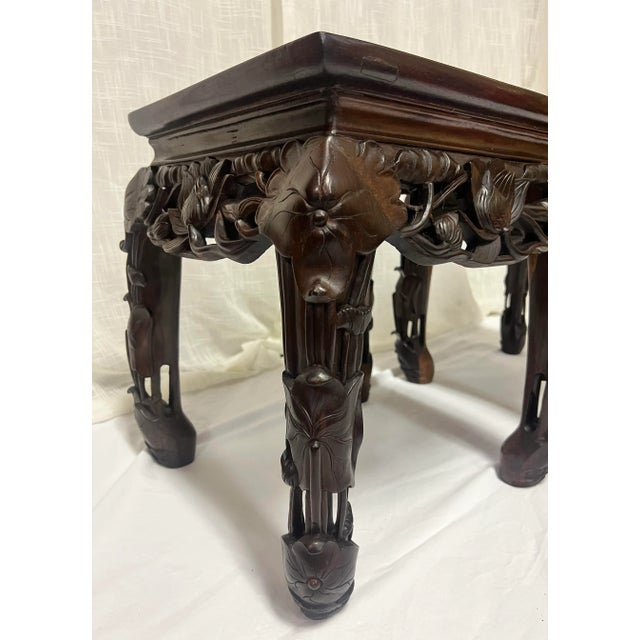 Vintage Asian Carved Wood Side Tables Stands With Lotus Flower Design ...