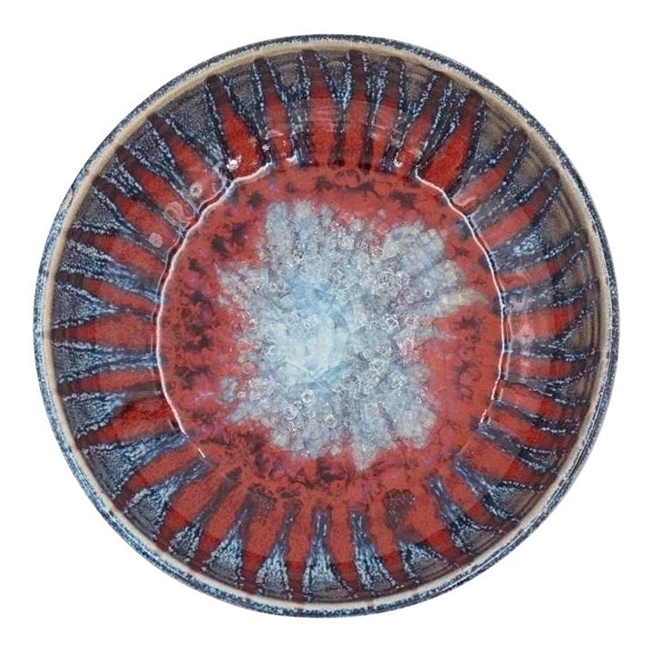 1997 Harding Black Pottery Bowl Red Light Blue Crystalline Starburst ...