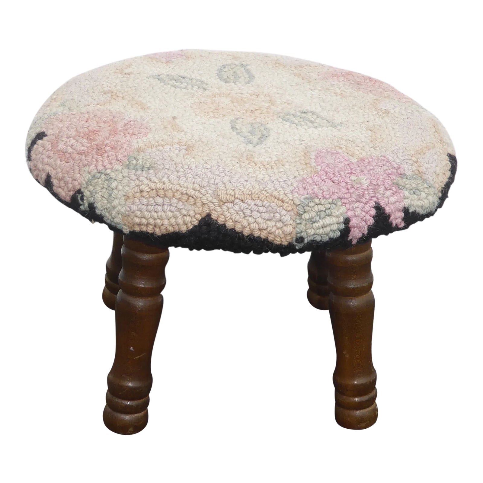 1950s Vintage French Country Round Floral Needlepoint White Footstool ...