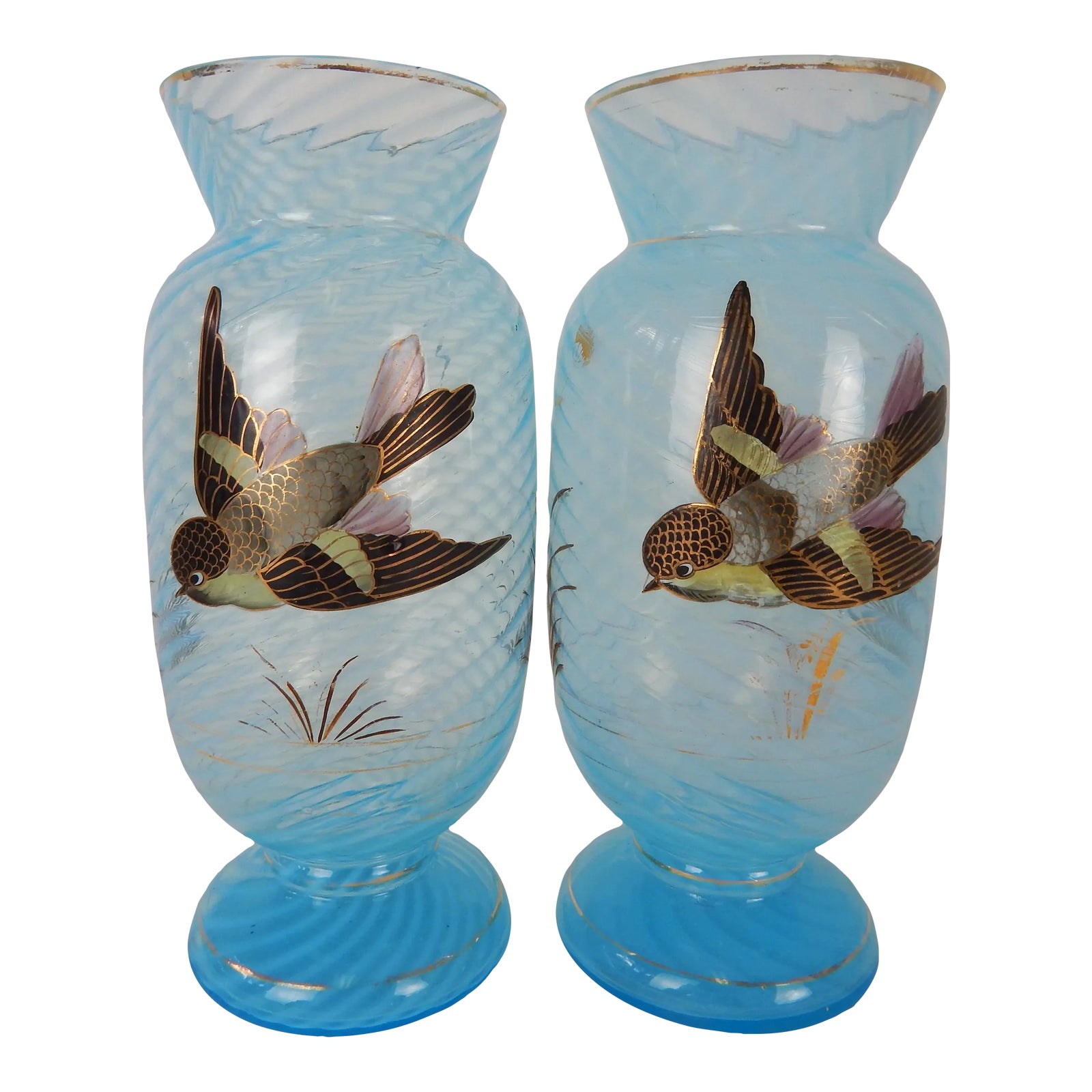Antique Hand Painted Bird Vases - a Pair | Chairish