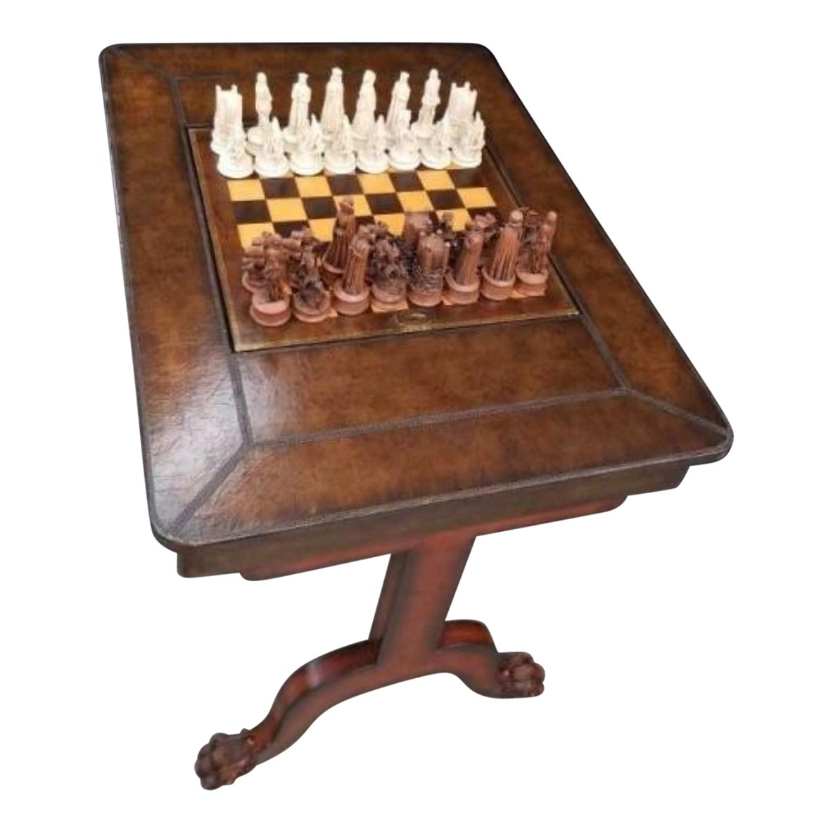 Maitland Smith Embossed Leather Chess Game Table and Pieces | Chairish