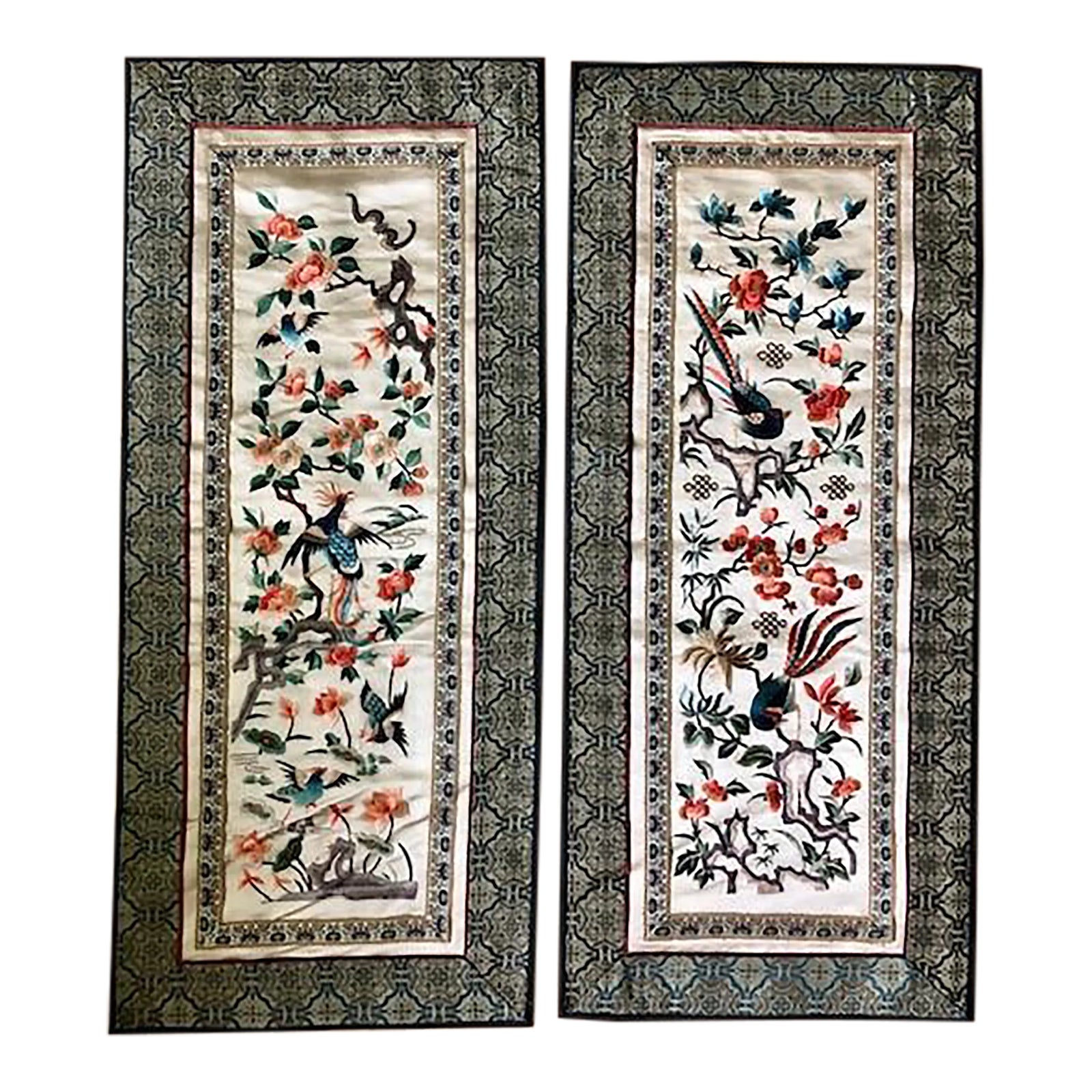 Vintage Chinoiserie Silk Embroidered Tapestry Panels - a Pair | Chairish