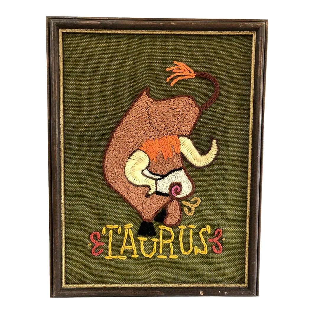 1970s Vintage Taurus the Bull Hand-Embroidered Astrology Artwork | Chairish