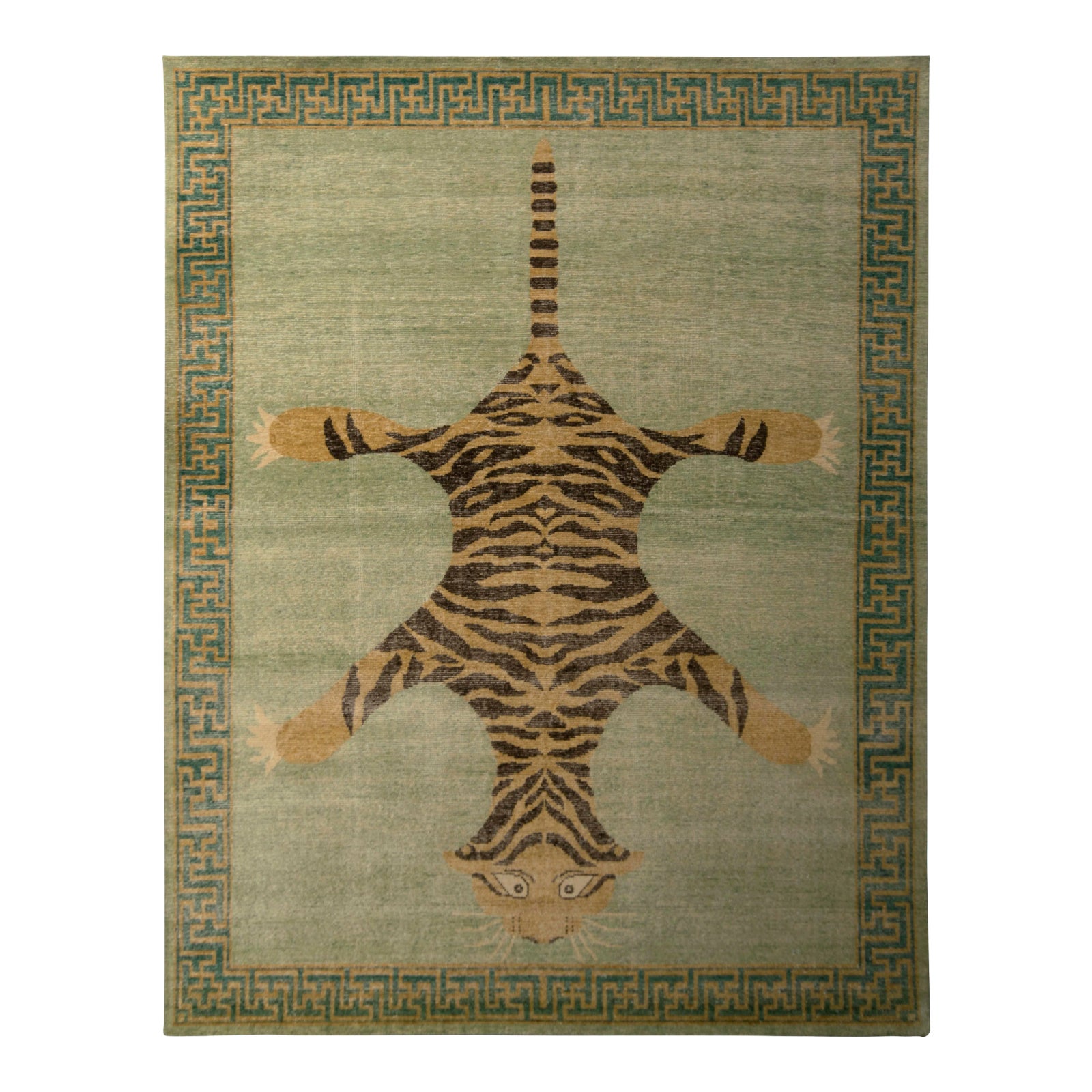 Handknotted Stretching Tiger Rug in Lush Sea Green, 2'x3' | Chairish