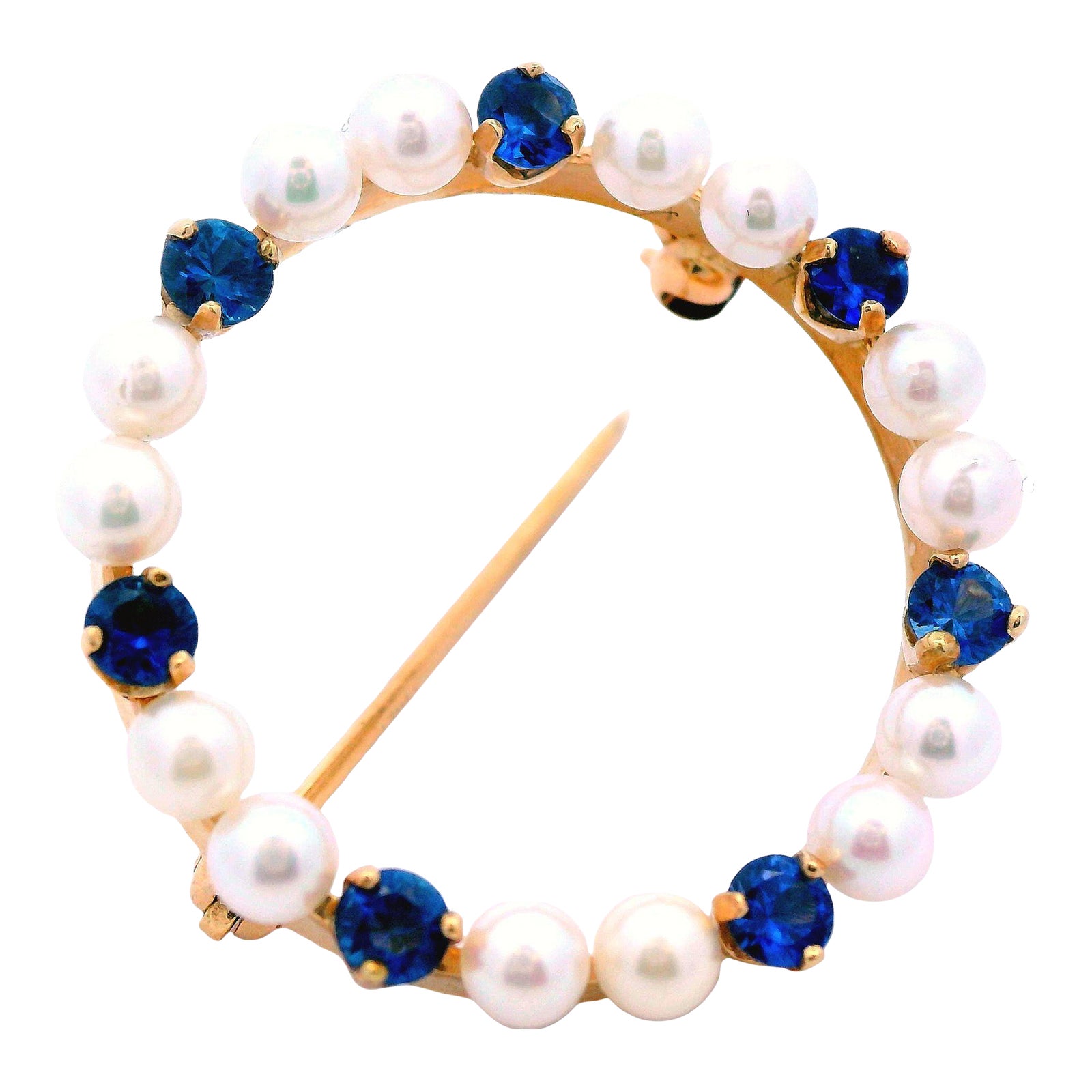 14k Yellow Gold Craig Drake Royal Blue Sapphire & Pearl Circle Pin Ca ...