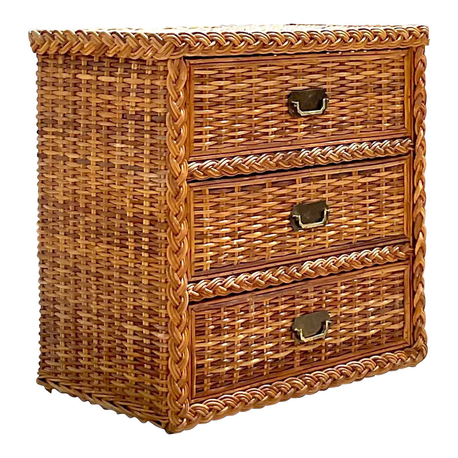 Vintage Coastal Braided Rattan Chest of Drawers | Chairish