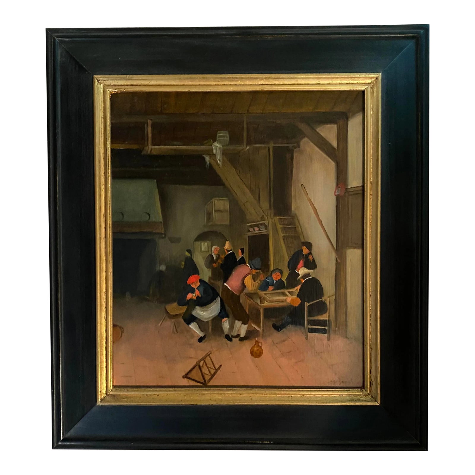1990s Dutch Interior Scene, Men Playing Trictrac, Framed | Chairish
