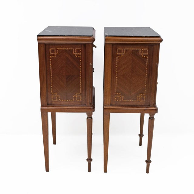 Louis XVI Style Bedside Tables with Inlays and Marble Top, Italy, 1920s ...