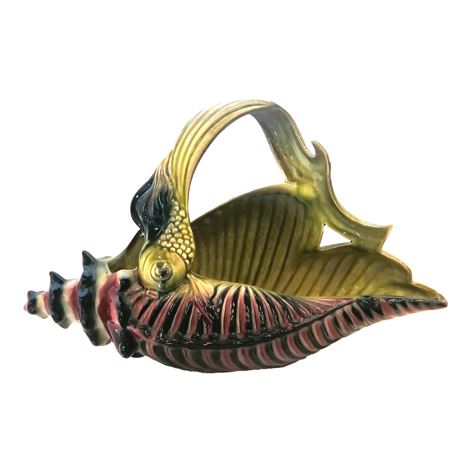 Hull Pottery Ebb Tide Shell Koi Fish Handled Basket Planter | Chairish