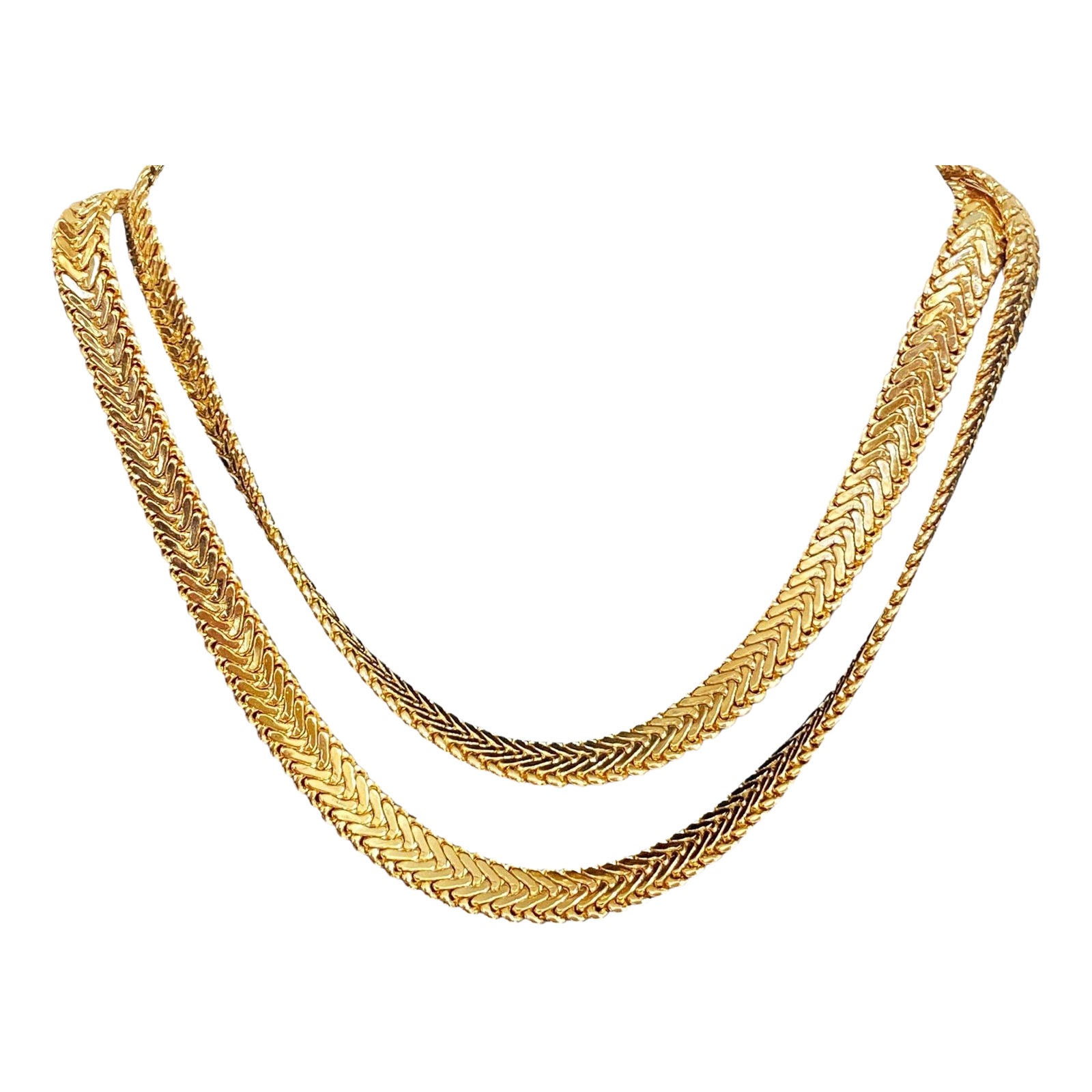 Vintage Flat Herringbone Chain 14k Gold Plated Necklace | Chairish