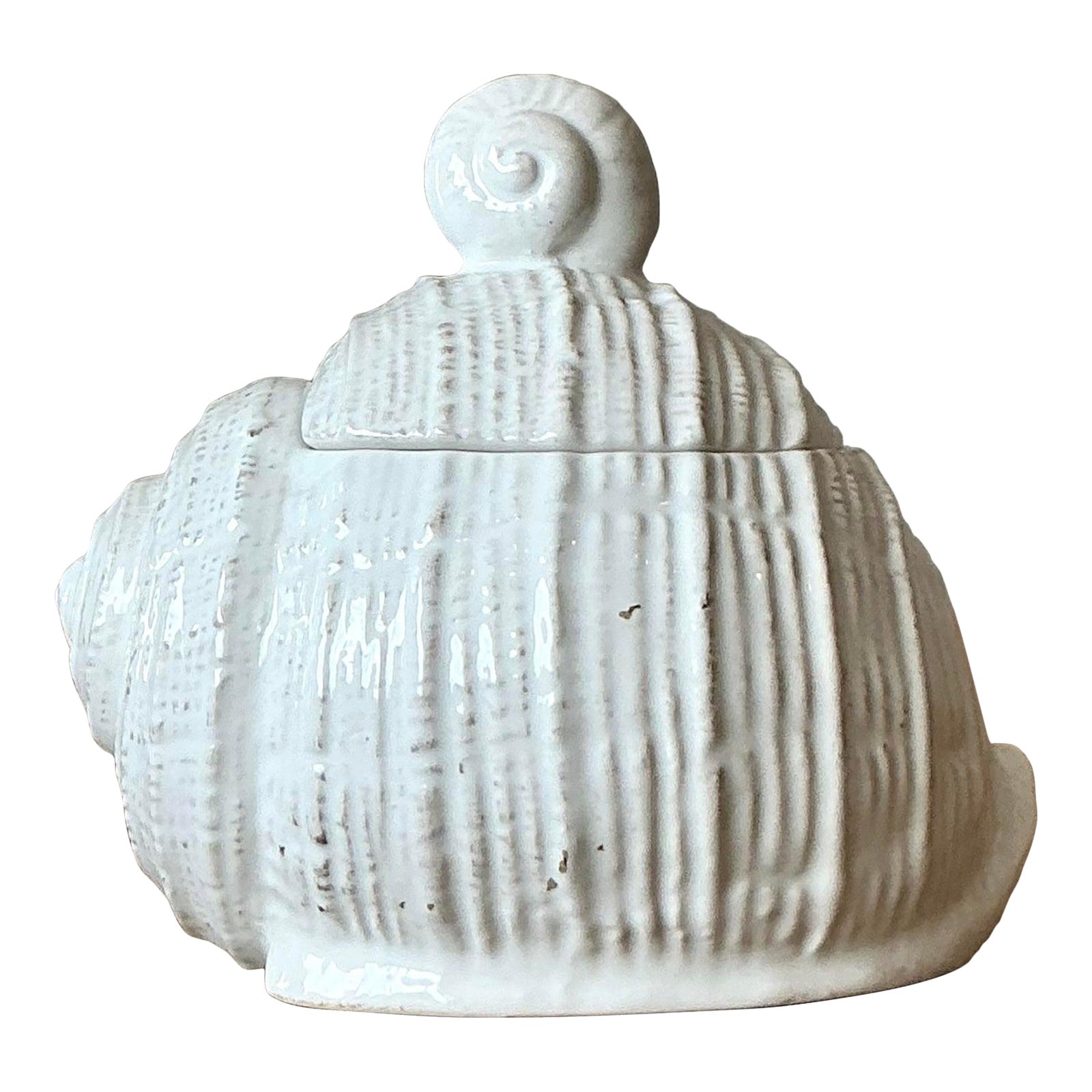 Vintage Boho Glazed Ceramic Conch Shell Honey Pot | Chairish