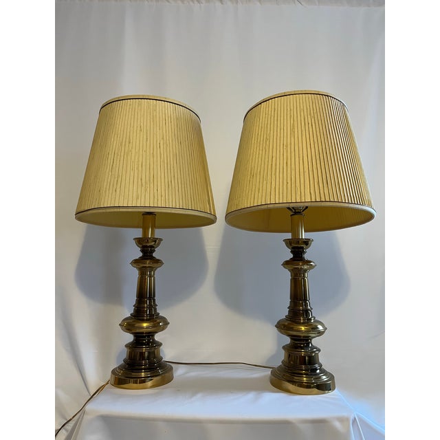 Vintage Brass Table Lamps With Original Shades- a Pair | Chairish