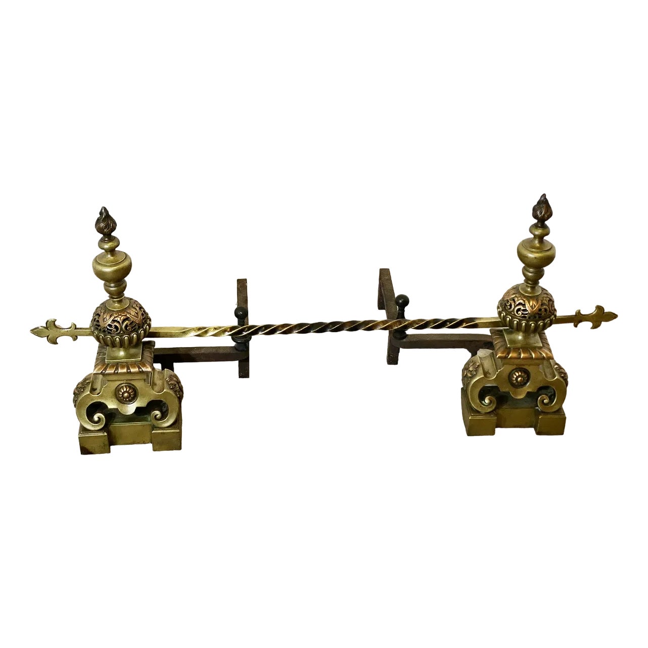 Large French Baroque Brass Andirons, Set of 3 | Chairish