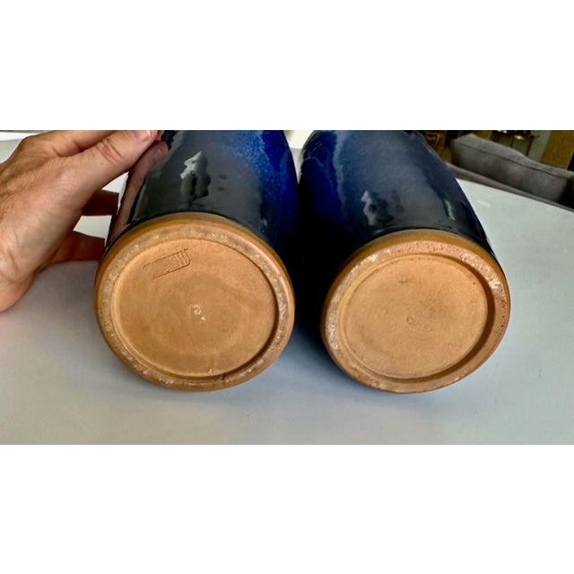 Pair Japanese Cobalt Blue Flambe Mottled Pottery Vases | Chairish