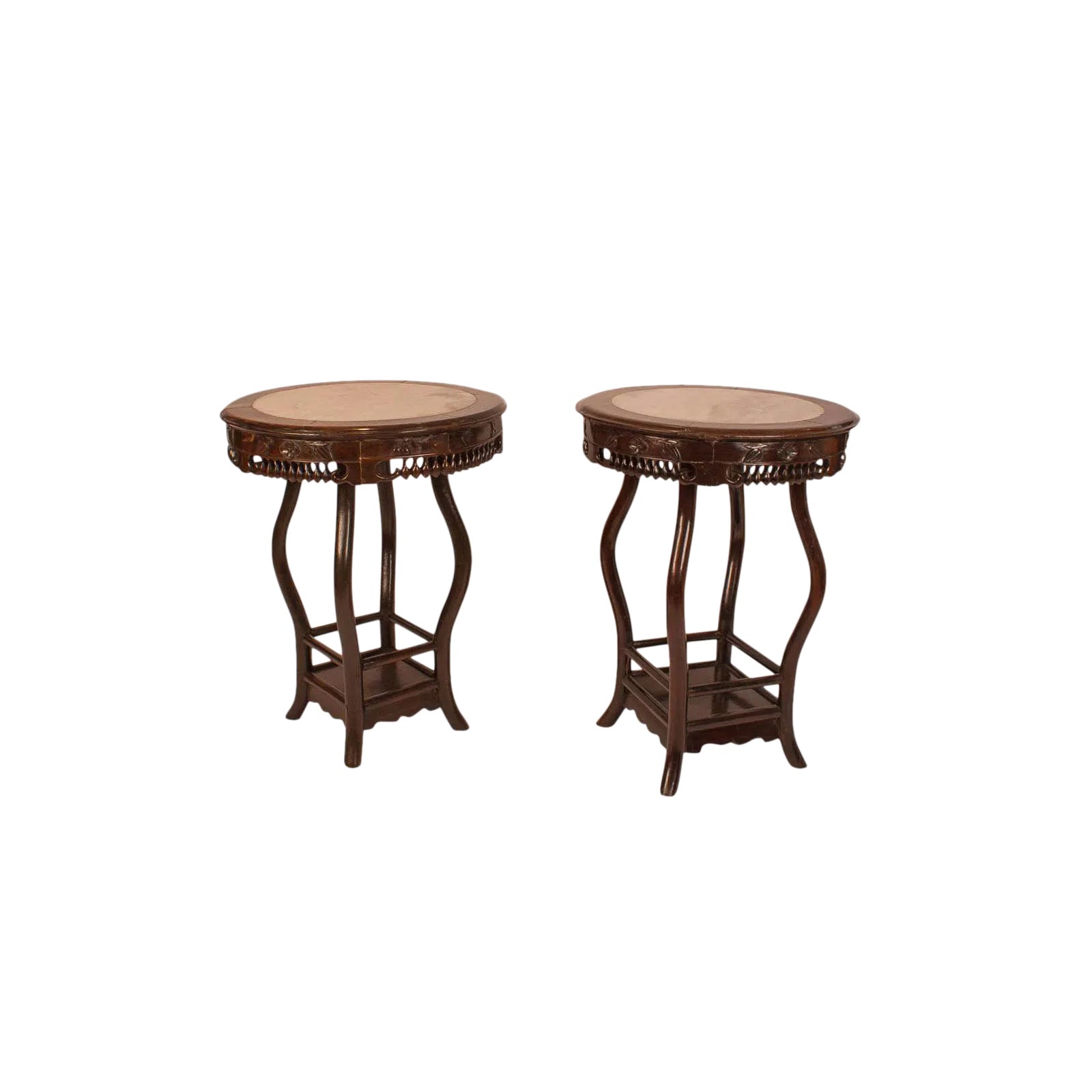 Chinese 1890s Hong Mu and Marble Round Tables - a Pair | Chairish