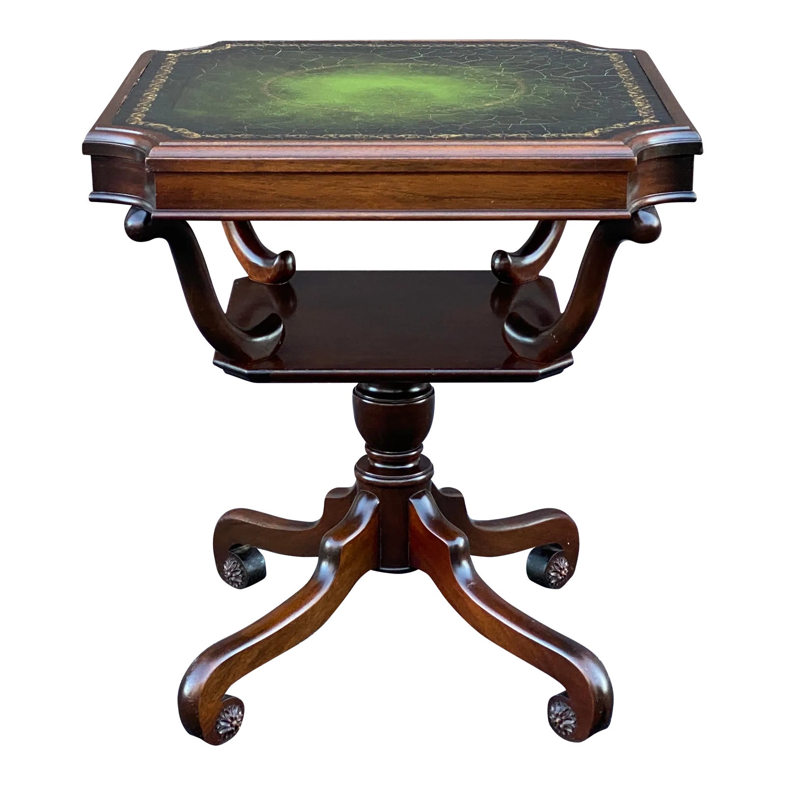 Mahogany Scroll Foot Center Table With Tooled Green Leather Top | Chairish