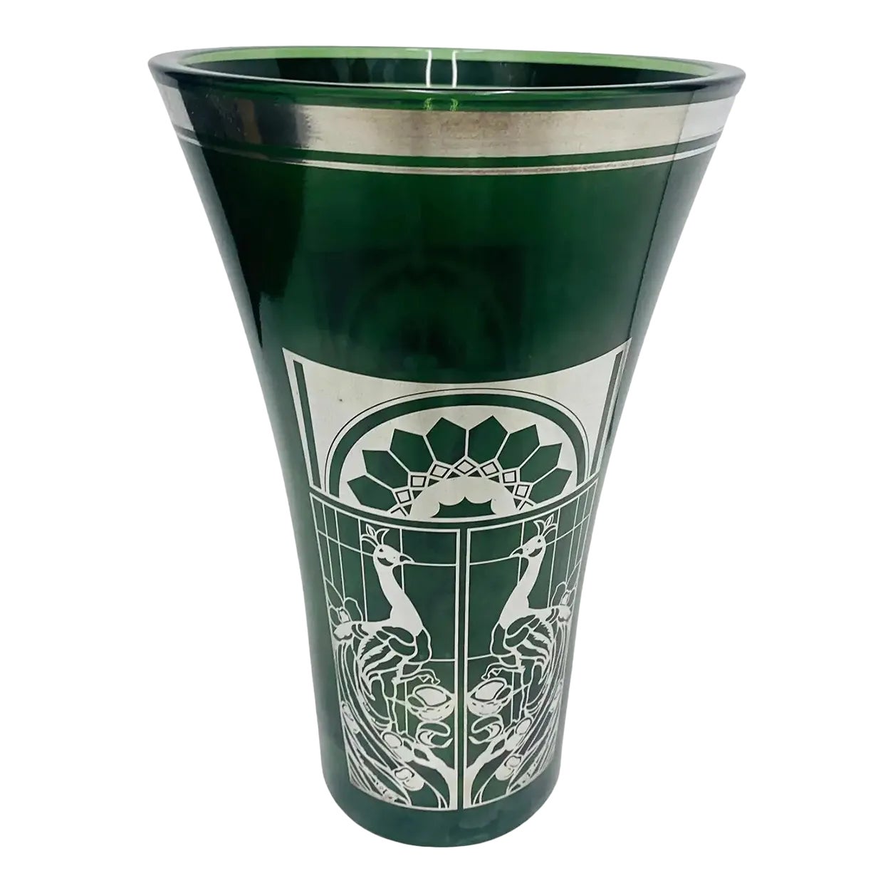 1900 Art Nouveau Green Glass and Silver Italian Vase | Chairish