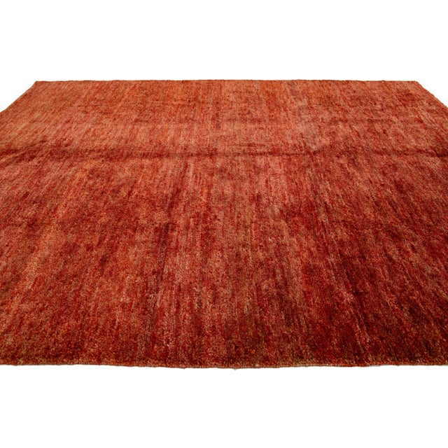 Hand-Loom Modern Gabbeh Style Wool Rug With Solid Rust Color | Chairish