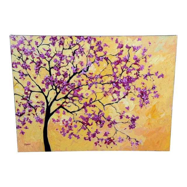 P. Baker Signed Cherry Blossom Original Painting | Chairish