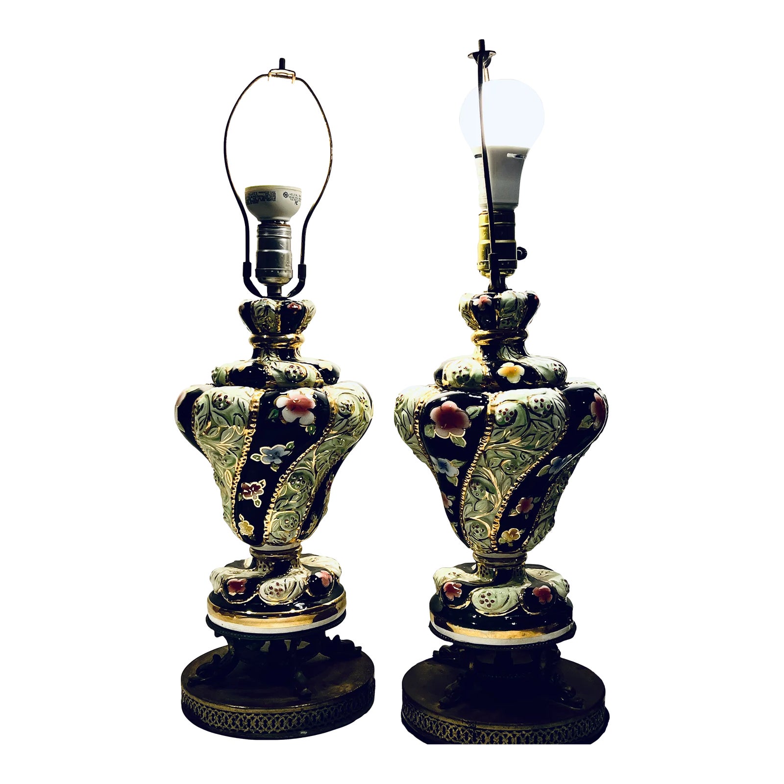 Pair of MCM Capodimonte Asian Floral Porcelain Table Lamps - Works ...