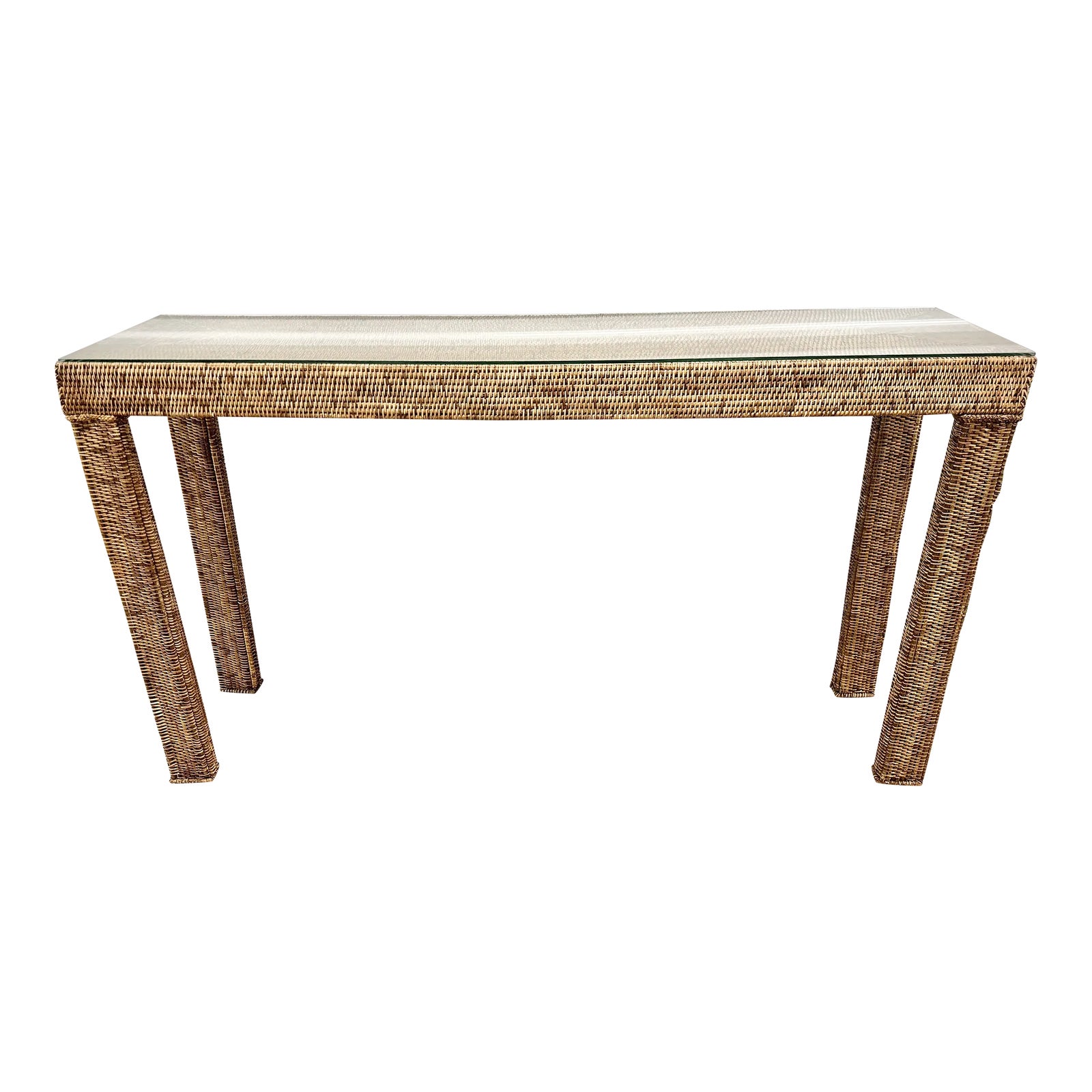 Vintage Thai Style Woven Wicker Console Table With Glass Top | Chairish