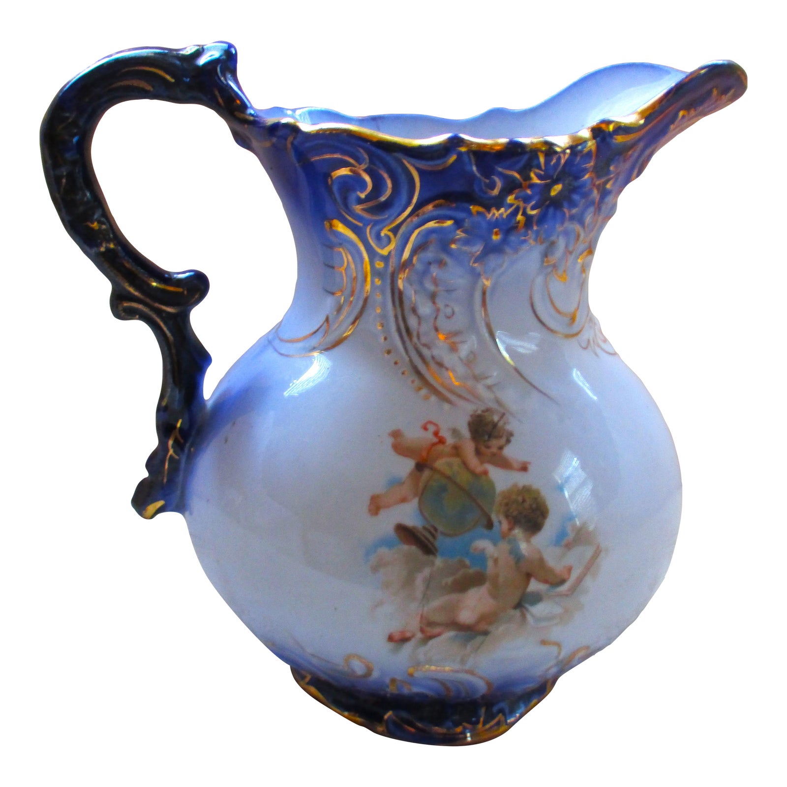 Antique LaBelle China Embosed Flow Blue Cherub Design Milk Pitcher with ...