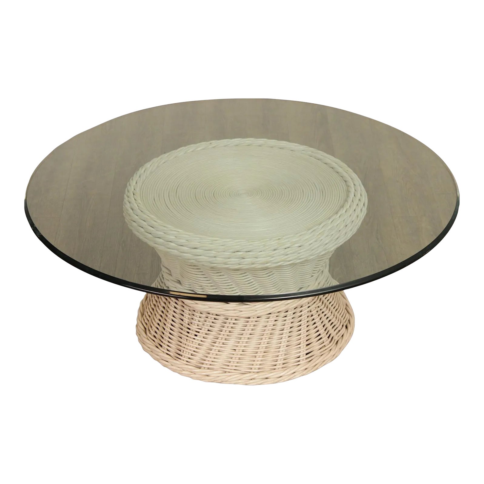 Vintage Round Wicker Rattan Glass Top Coffee Table | Chairish