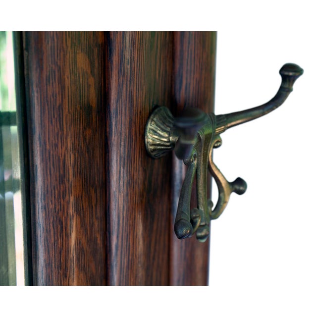 Vintage Deco Oakwood Hall Tree With Mirror & 4 Hooks | Chairish