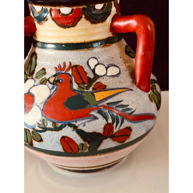 Vintage 3-Handled Ceramic Vase Jug With Colorful Bird and Flower Motif ...