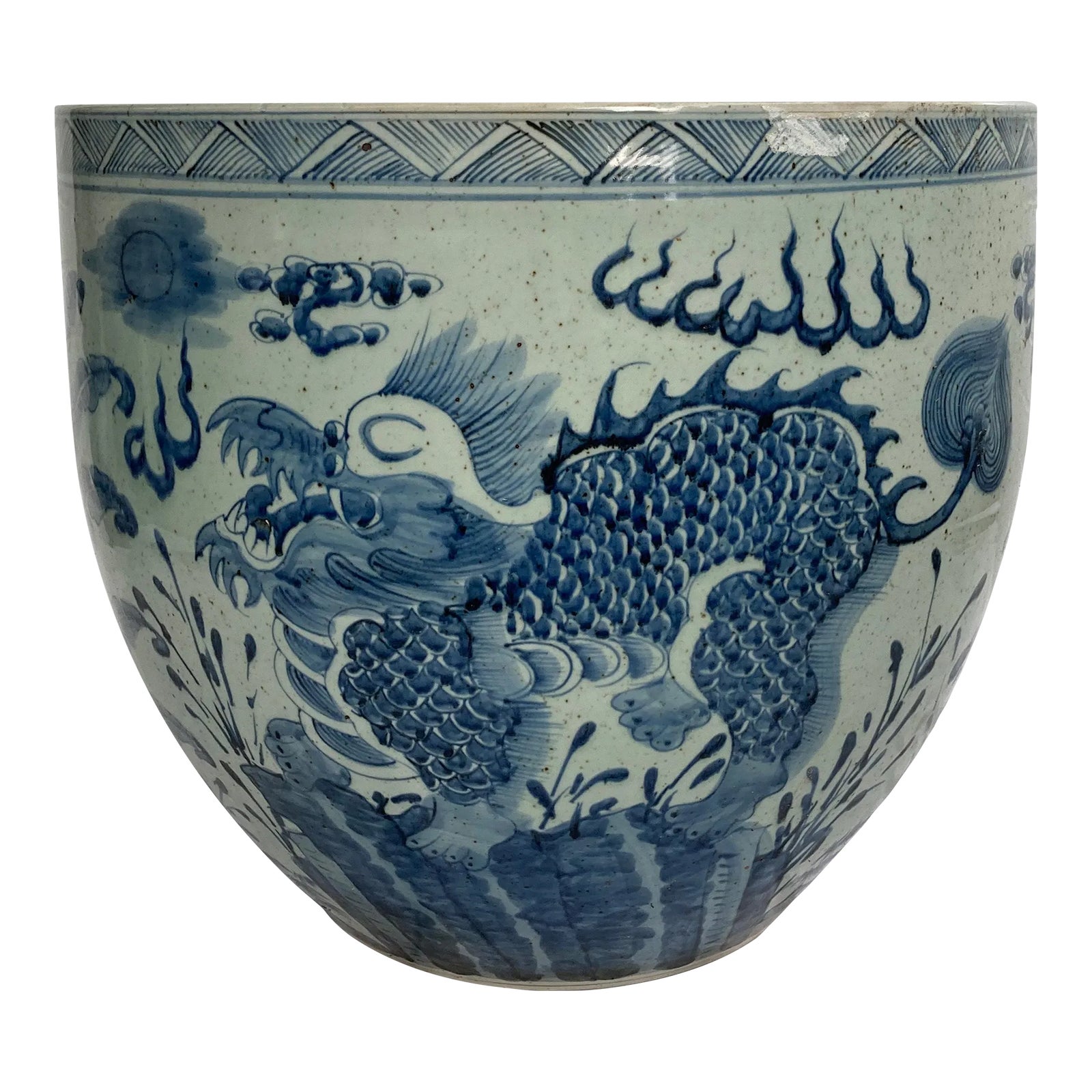 Mid 20th Century Large Chinese Blue & White Fish Bowl | Chairish