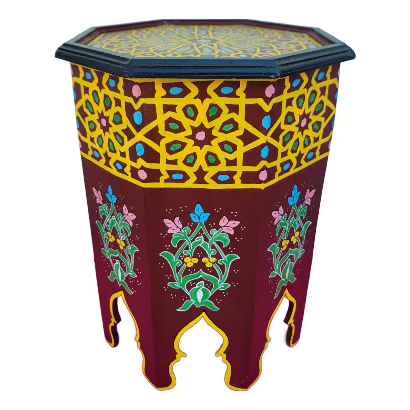 Moroccan Hand Painted Octagonal Wooden Side Table / Maroon Zouak | Chairish