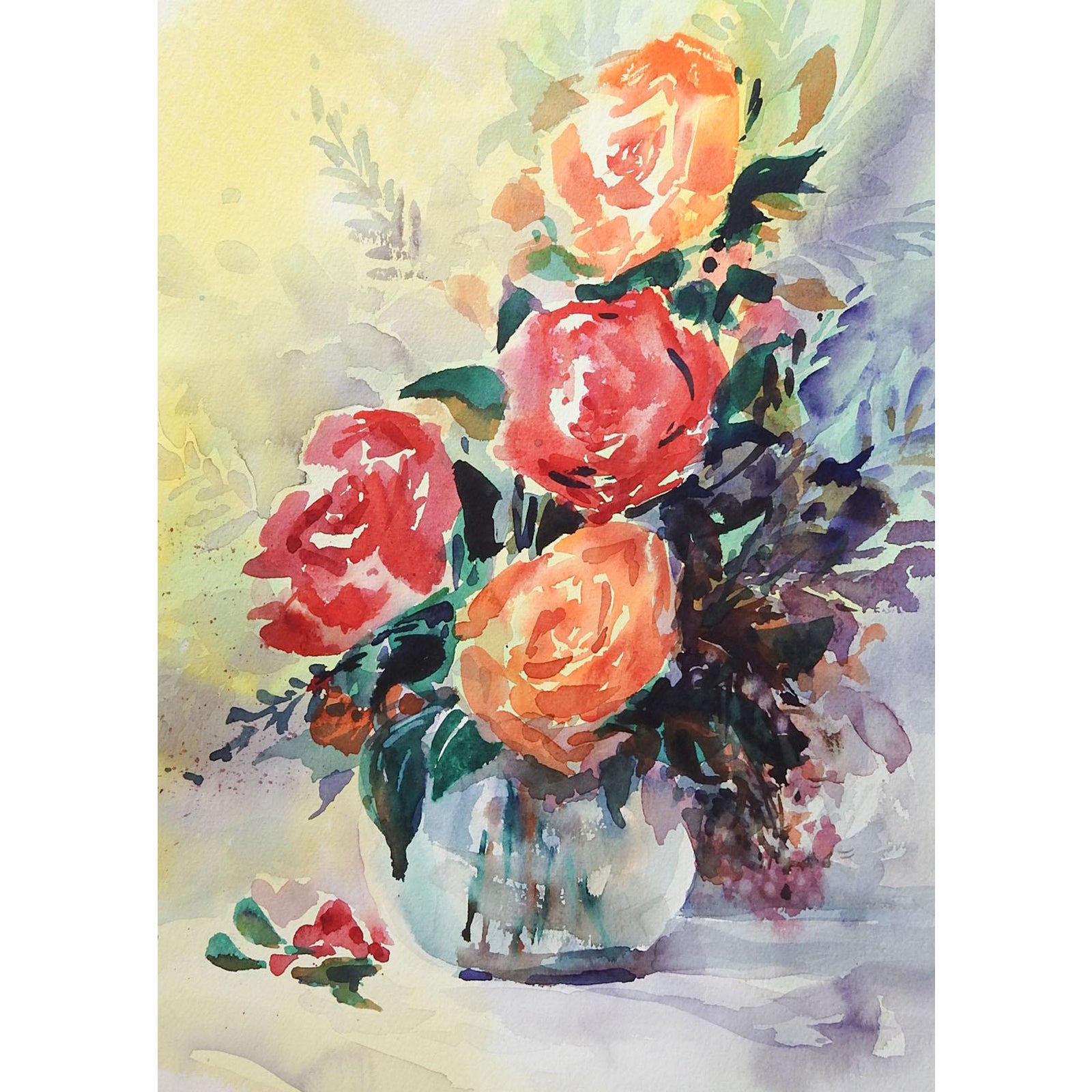 Red & Orange Roses Floral Still Life Watercolor Painting | Chairish