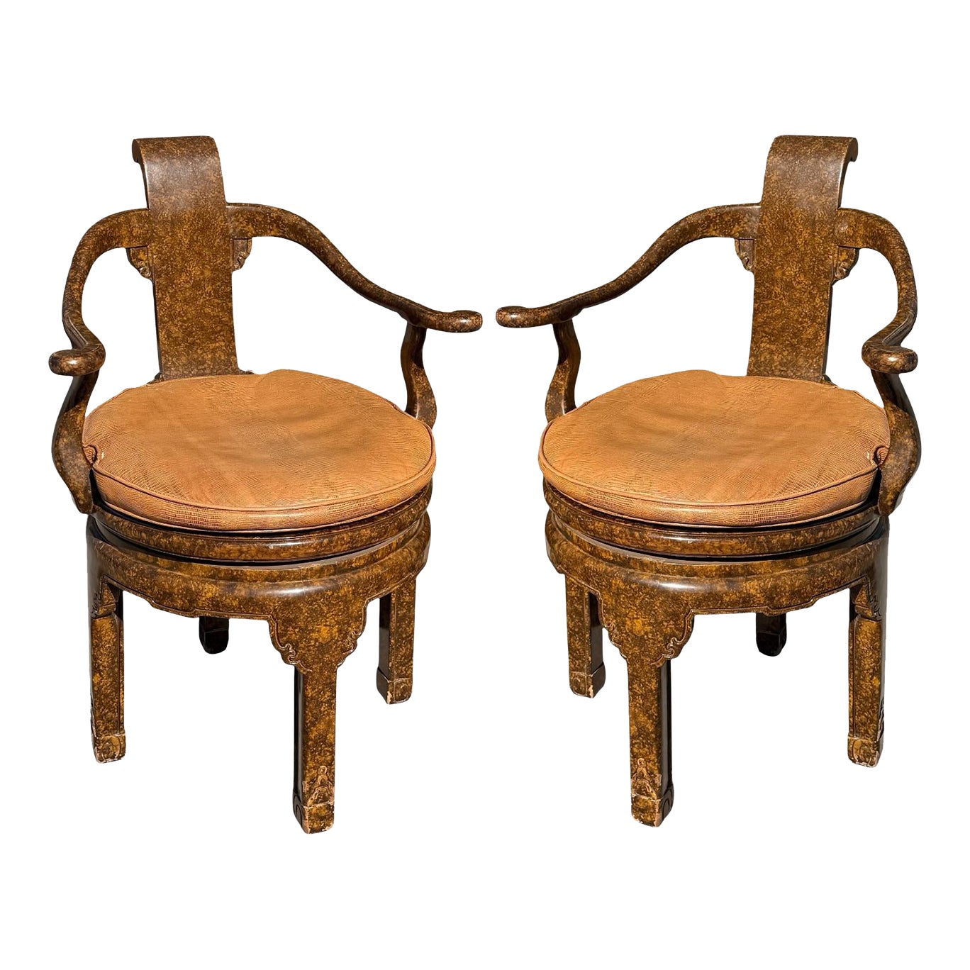 Pair of Mid Century Ming Style Faux Tortoise Shell Swivel Chairs | Chairish