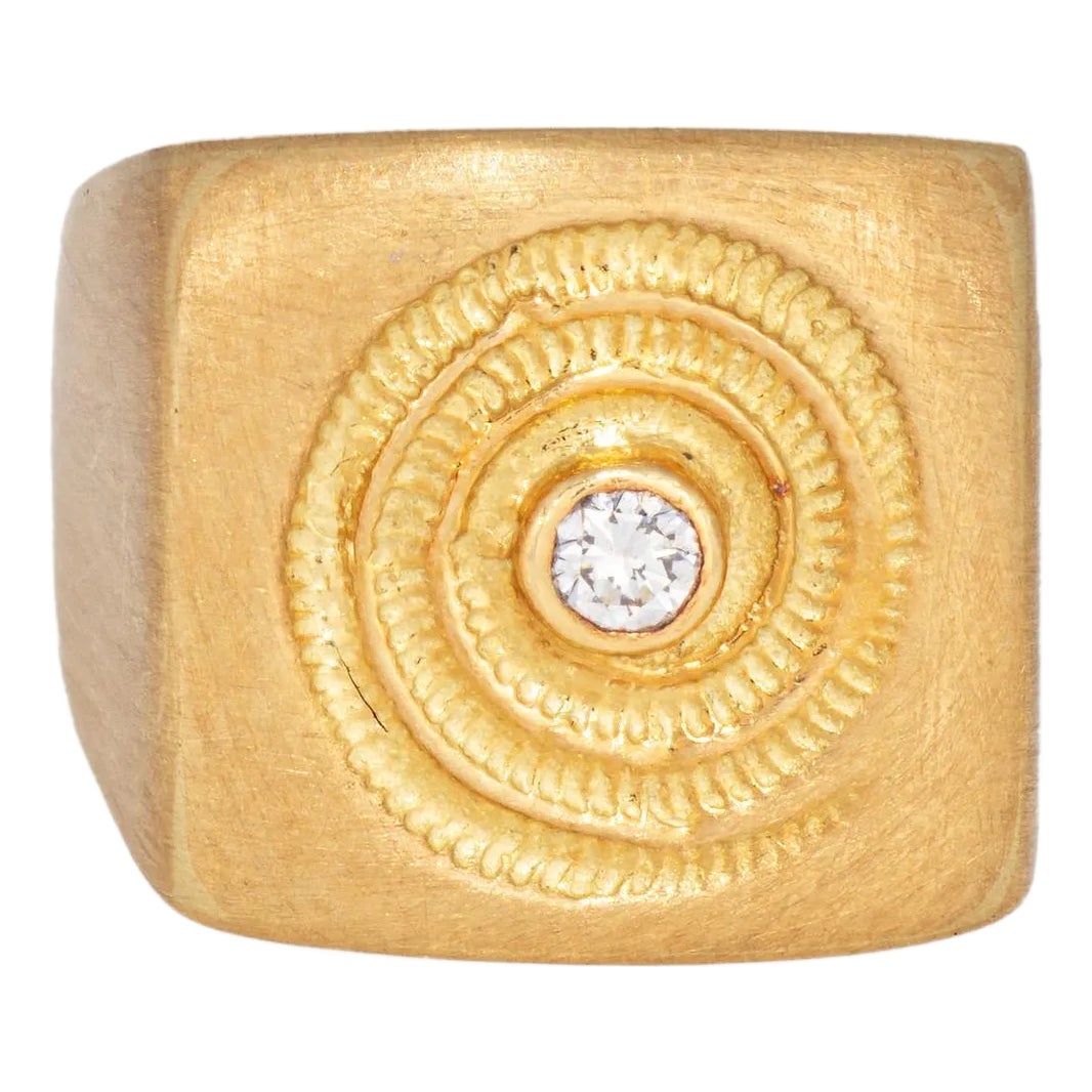 1990s Vintage Diamond Signet Ring Sz 6.5 Square Fossil Design 18k ...