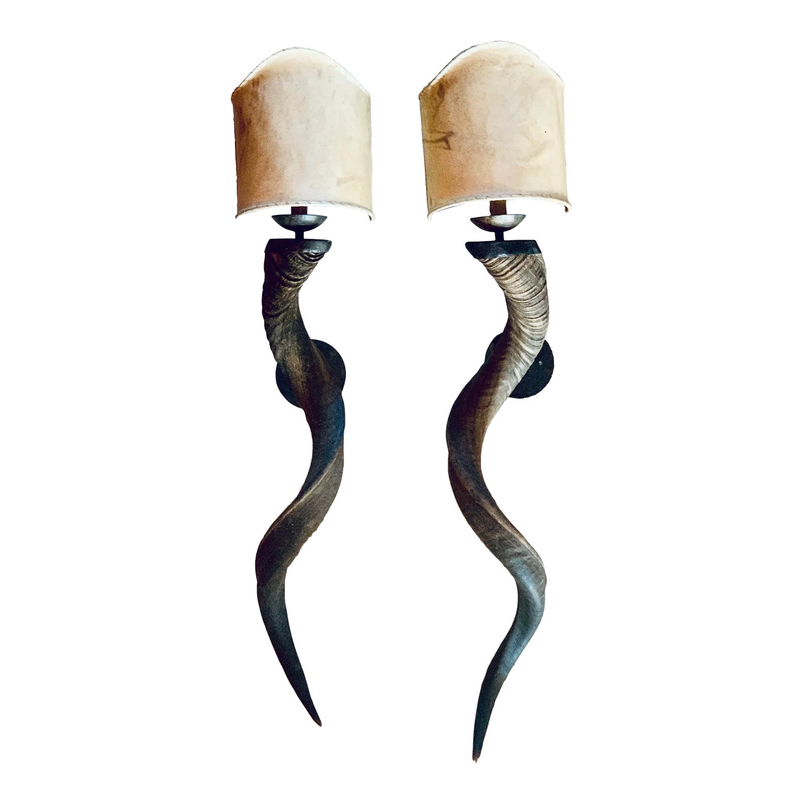 Rare Vintage Custom Made African Kudu Horn Sconces With Rawhide Leather ...
